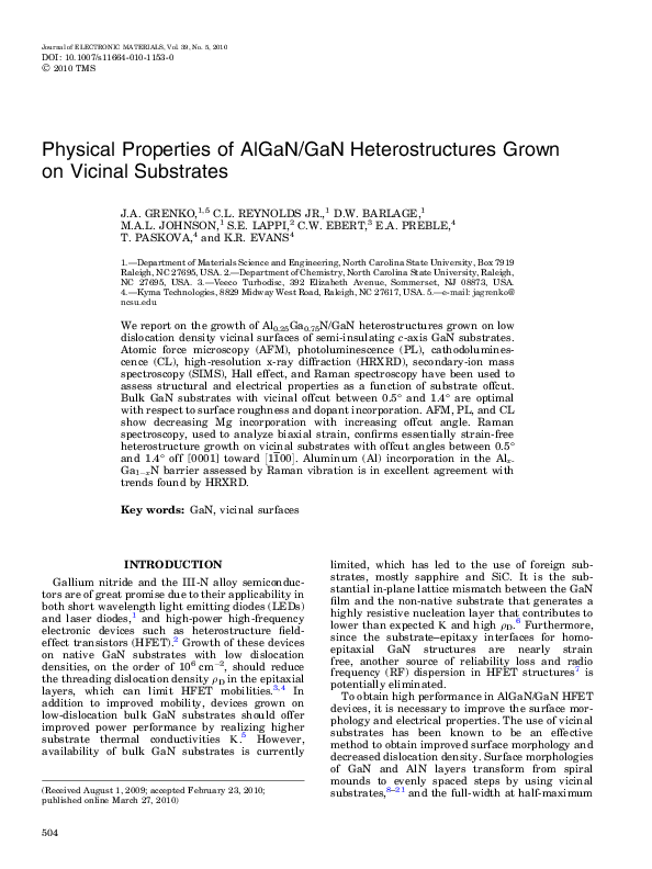 (PDF) Physical Properties of AlGaN/GaN Heterostructures Grown on ...