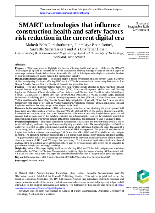 (PDF) SMART technologies that influence construction health and safety factors risk reduction in ...