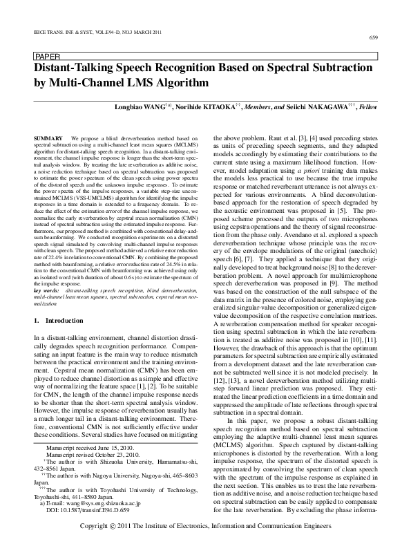 (PDF) Distant-Talking Speech Recognition Based on Spectral Subtraction by Multi-Channel LMS ...