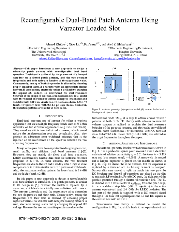 (PDF) Reconfigurable dual-band patch antenna using varactor-loaded slot
