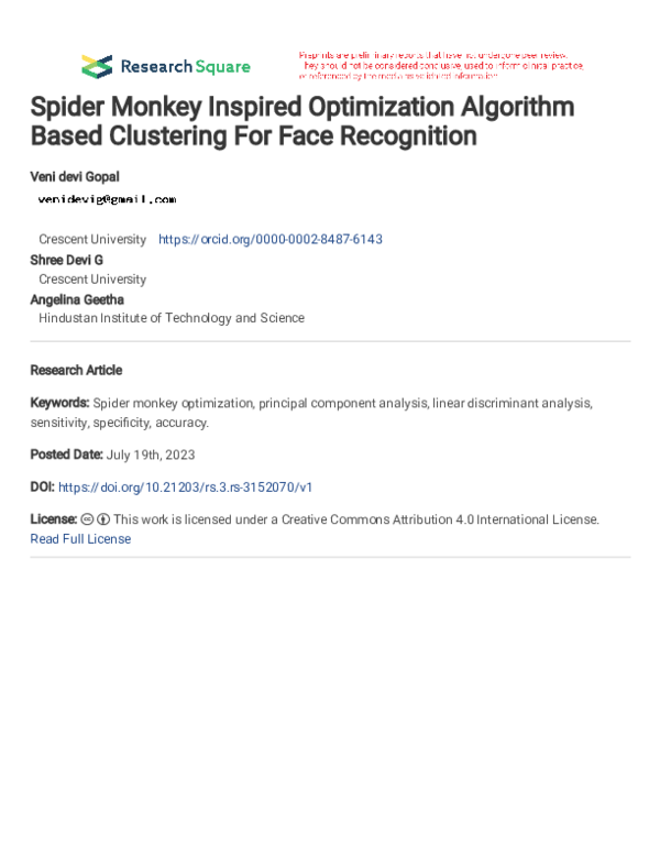 (PDF) Spider Monkey Inspired Optimization Algorithm Based Clustering For Face Recognition