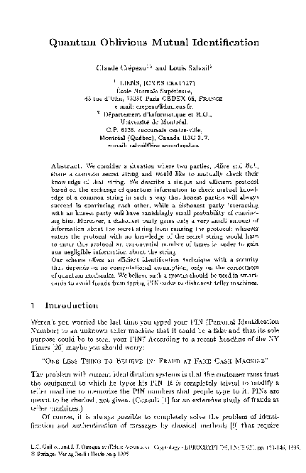 (PDF) Quantum Oblivious Mutual Identification