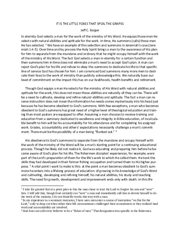 (PDF) IT IS THE LITTLE FOXES THAT SPOIL THE GRAPES by Dr. Jeff C. Barger