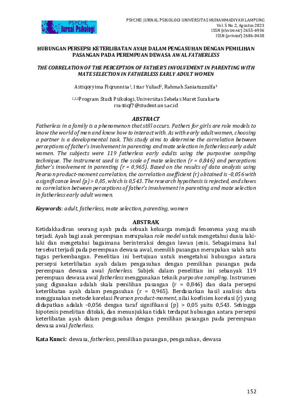 (PDF) Hubungan Persepsi Keterlibatan Ayah Dalam Pengasuhan Dengan Pemilihan Pasangan Pada ...
