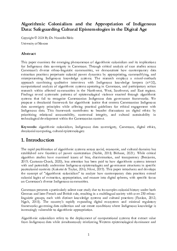 (PDF) Algorithmic Colonialism and the Appropriation of Indigenous Data ...