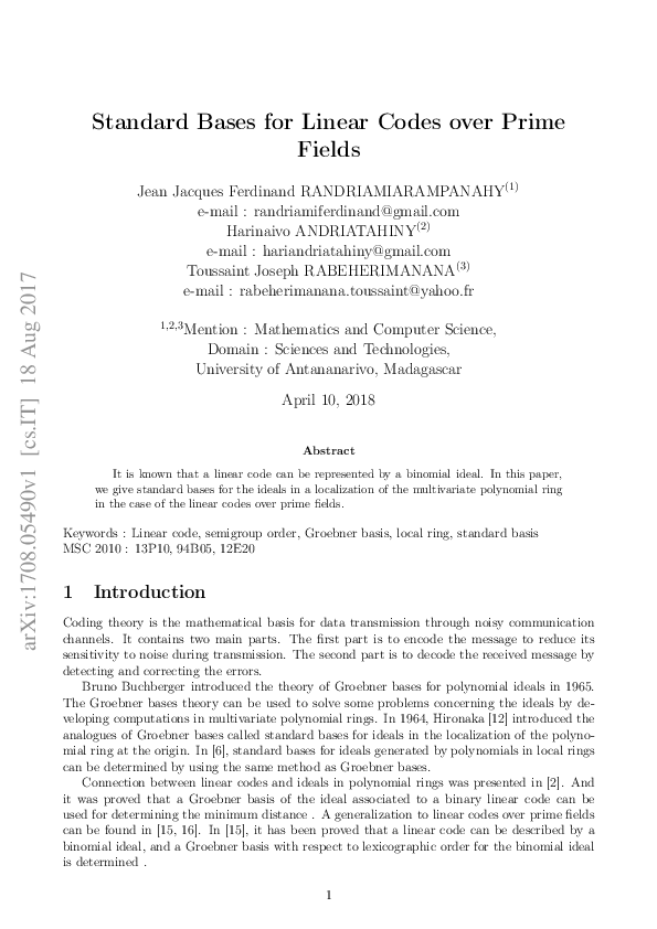 (PDF) Standard Bases for Linear Codes over Prime Fields