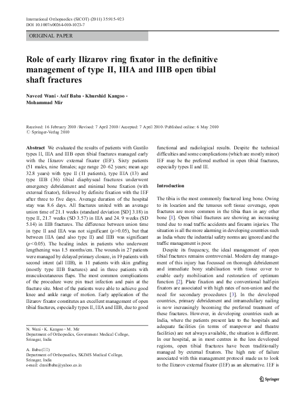 (PDF) Role of early Ilizarov ring fixator in the definitive management ...