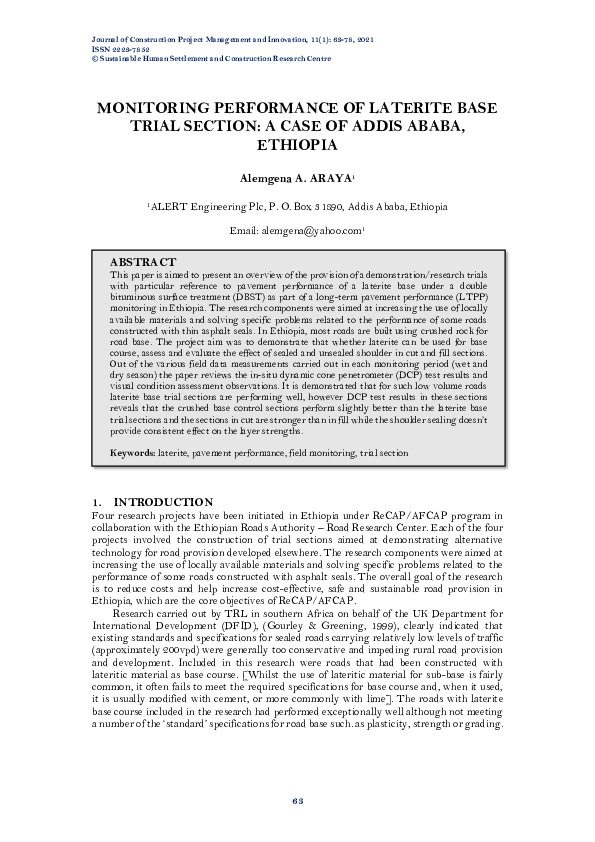(PDF) Monitoring Performance of Laterite Base Trial Section: A Case of ...
