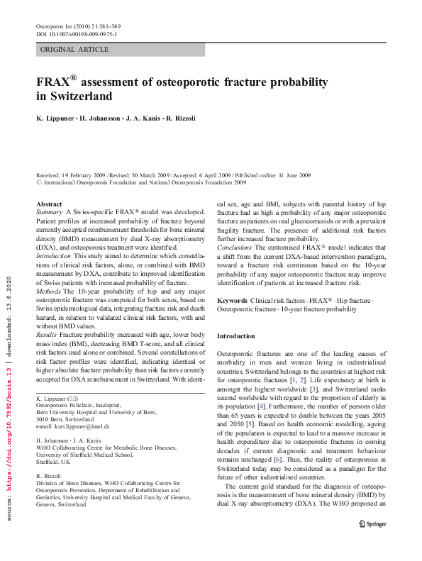 (PDF) FRAX® assessment of osteoporotic fracture probability in Switzerland