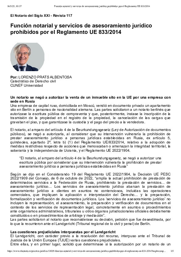 (PDF) Función notarial y servicios de asesoramiento jurídico prohibidos por el Reglamento UE 833 ...