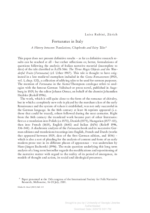 (PDF) Fortunatus in Italy. A History between Translations, Chapbooks ...