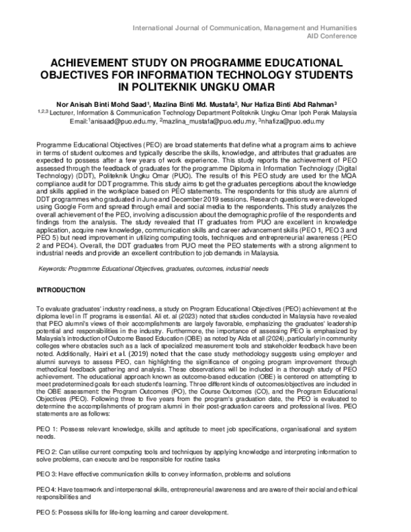 (PDF) ACHIEVEMENT STUDY ON PROGRAMME EDUCATIONAL OBJECTIVES FOR INFORMATION TECHNOLOGY STUDENTS ...