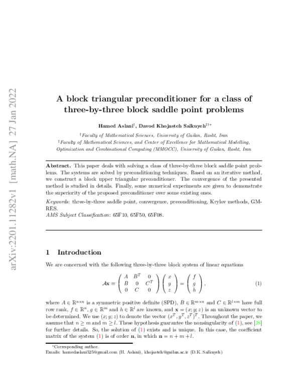 Pdf A Block Triangular Preconditioner For A Class Of Three By Three Block Saddle Point Problems
