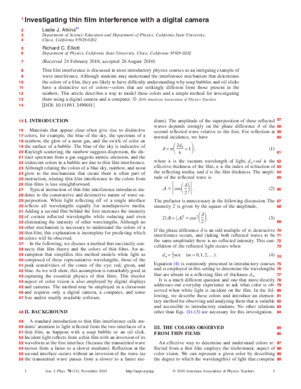 (PDF) Investigating thin film interference with a digital camera