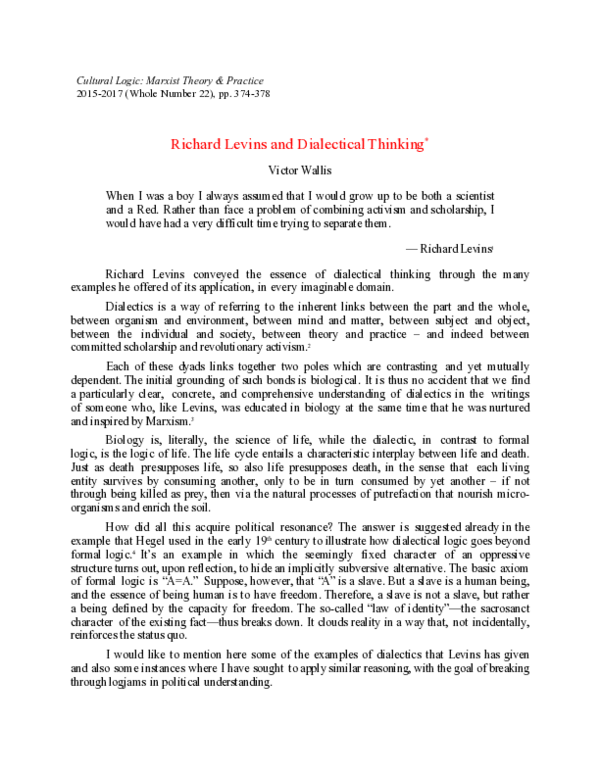 (PDF) Richard Levins and Dialectical Thinking