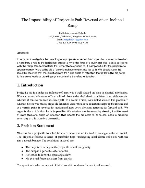 (PDF) The Impossibility of Projectile Path Reversal on an Inclined Ramp