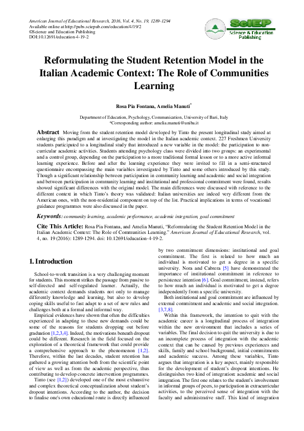 (PDF) Reformulating the Student Retention Model in the Italian Academic ...