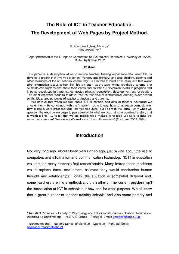 (PDF) The role of ICT in teacher education. The development of web ...