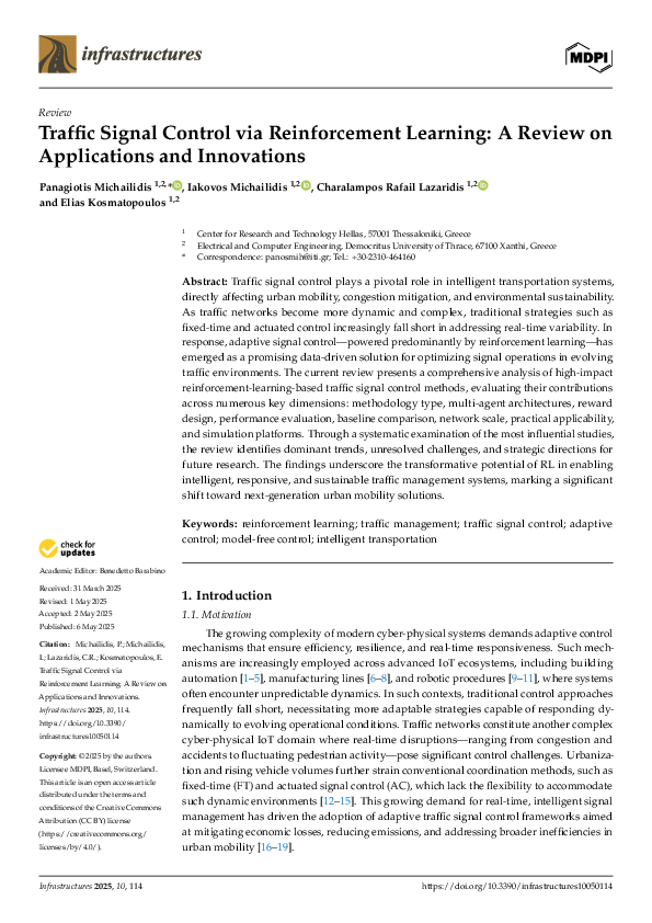 (PDF) Traffic Signal Control via Reinforcement Learning: A Review on Applications and Innovations
