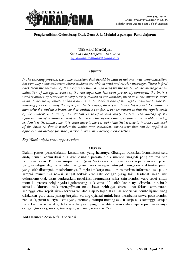 (PDF) Alpha Zone Brain Wave Conditioning Through Learning Apperception