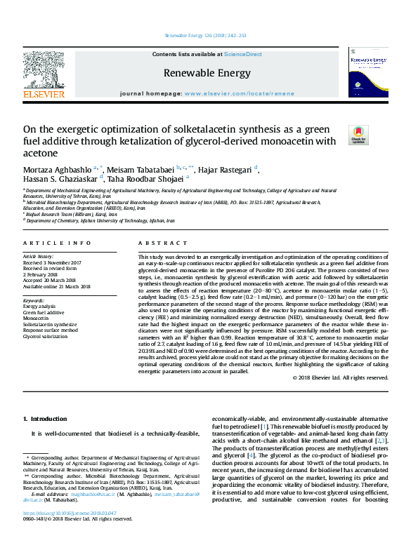 (PDF) On the exergetic optimization of solketalacetin synthesis as a ...