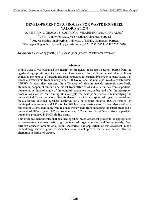 (PDF) Development of a process for waste eggshell valorisation