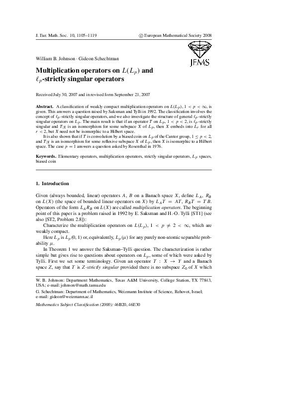 (PDF) Multiplication operators on L(Lp) and lp-strictly singular operators
