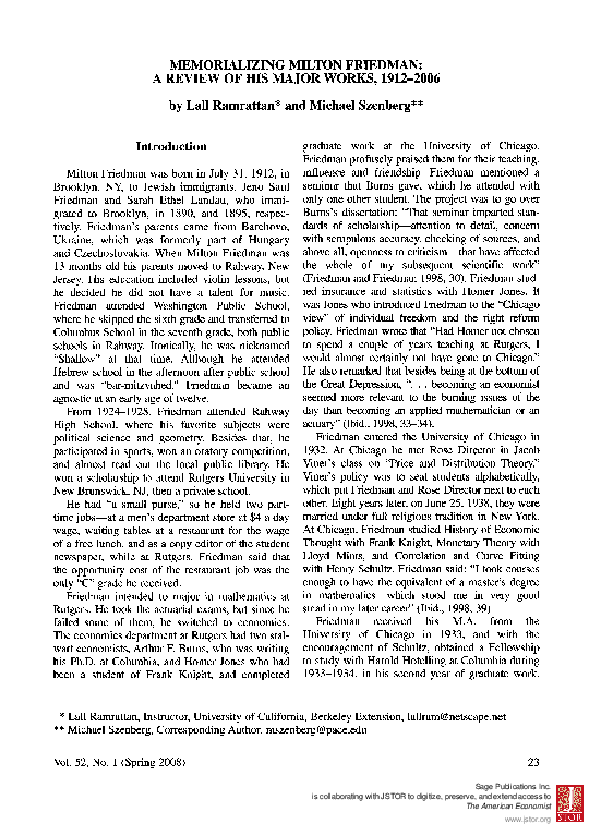 (PDF) Memorializing Milton Friedman: A Review of His Major Works, 1912–2006