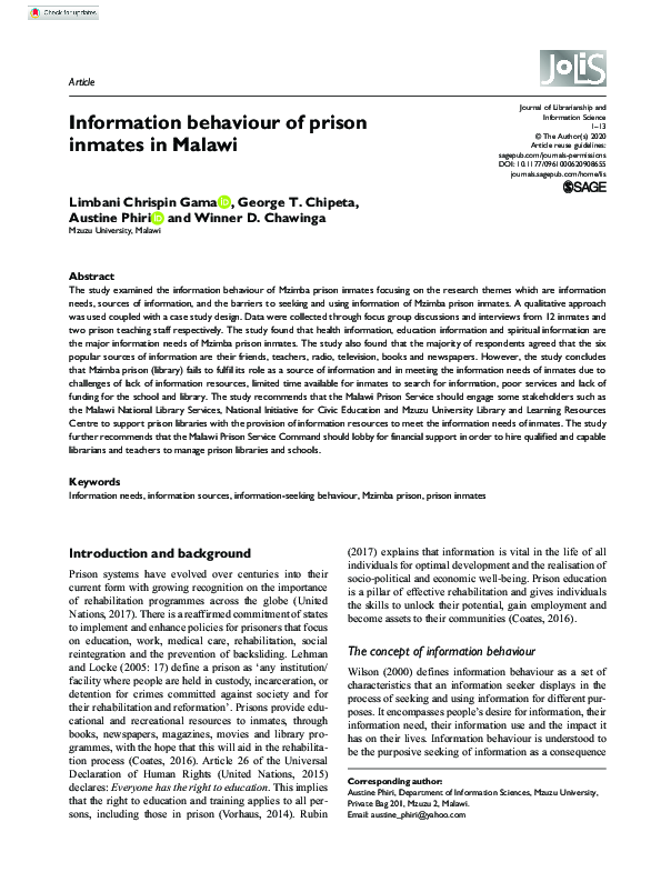 (PDF) Information behaviour of prison inmates in Malawi