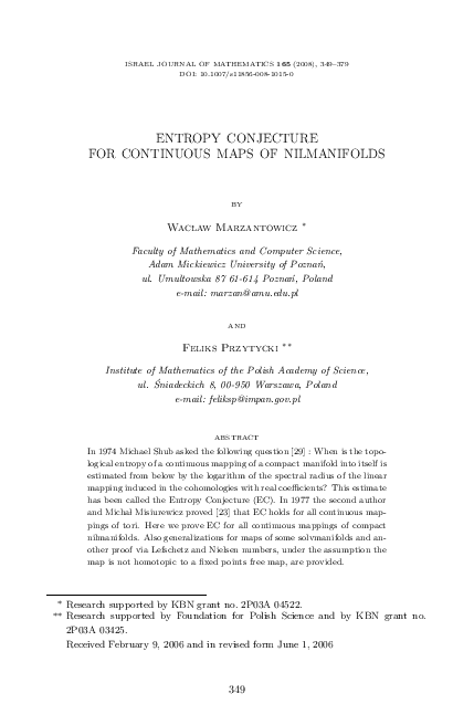 (PDF) Entropy conjecture for continuous maps of nilmanifolds