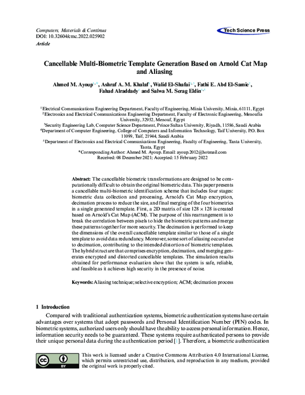 (PDF) Cancellable Multi-Biometric Template Generation Based on Arnold Cat Map and Aliasing
