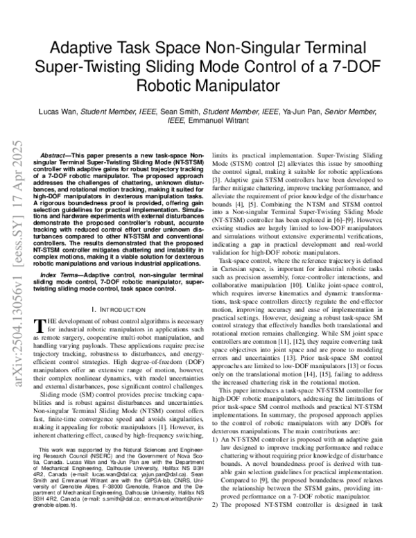 (PDF) Adaptive Task Space Non-Singular Terminal Super-Twisting Sliding Mode Control of a 7-DOF ...