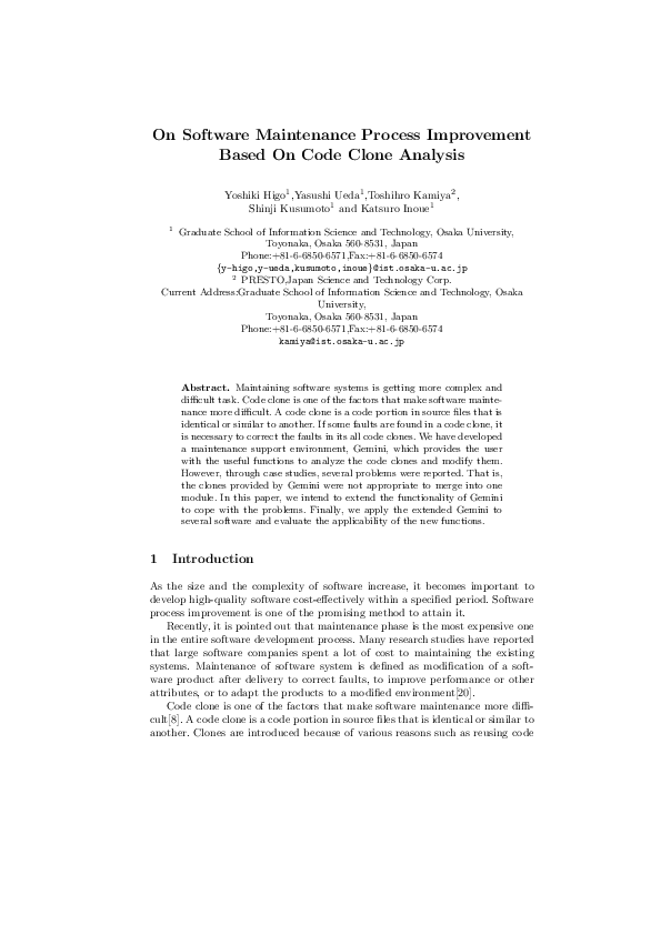 (PDF) On Software Maintenance Process Improvement Based on Code Clone Analysis