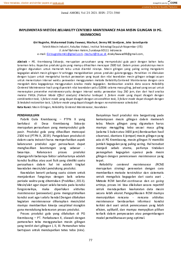 (PDF) Implementasi Metode Reliability Centered Maintenance pada Mesin ...