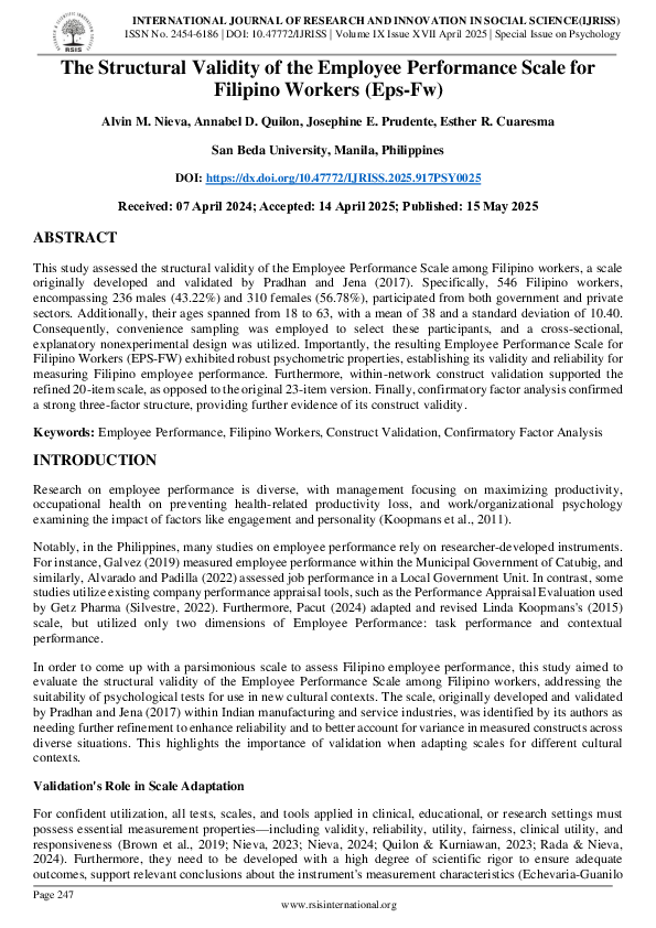 (PDF) The Structural Validity of the Employee Performance Scale for ...