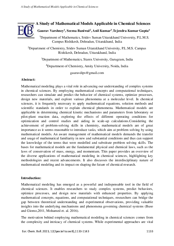 (PDF) A Study of Mathematical Models Applicable in Chemical Sciences