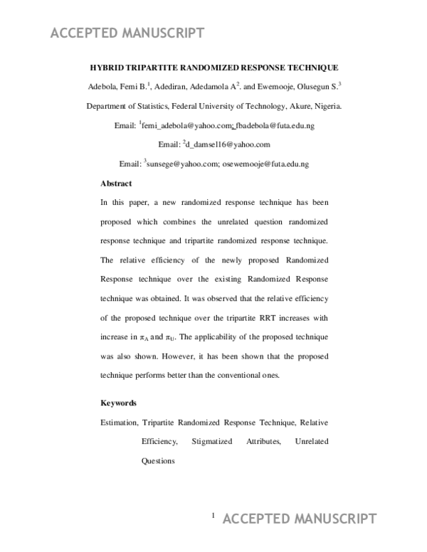 (PDF) Hybrid tripartite randomized response technique