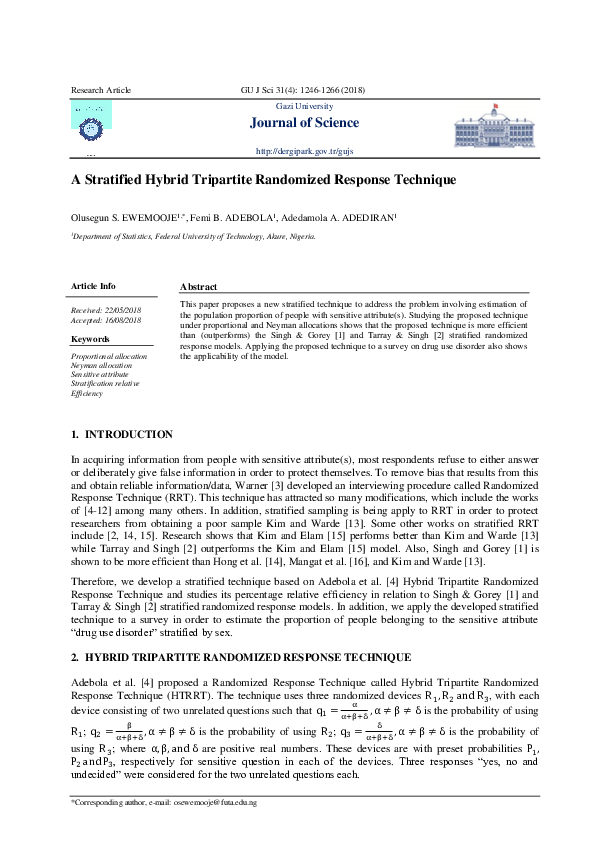 (PDF) A Stratified Hybrid Tripartite Randomized Response Technique