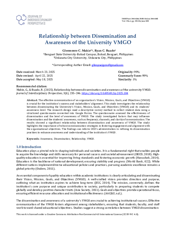 (PDF) Relationship between Dissemination and Awareness of the University VMGO