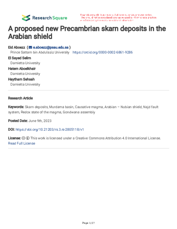 (PDF) A proposed new Precambrian skarn deposits in the Arabian shield