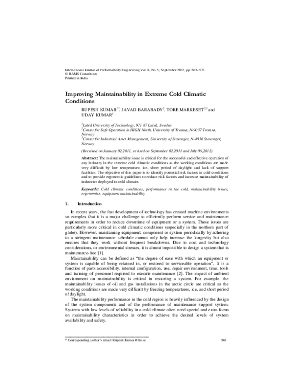 (PDF) Improving Maintainability in Extreme Cold Climatic Conditions