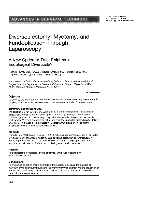 (PDF) Diverticulectomy, Myotomy, and Fundoplication Through Laparoscopy