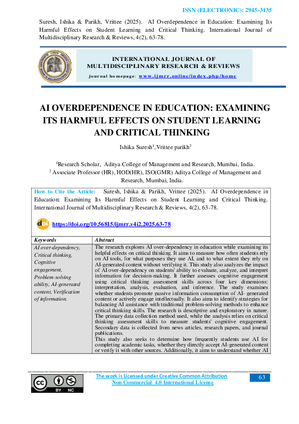(PDF) AI OVERDEPENDENCE IN EDUCATION: EXAMINING ITS HARMFUL EFFECTS ON ...