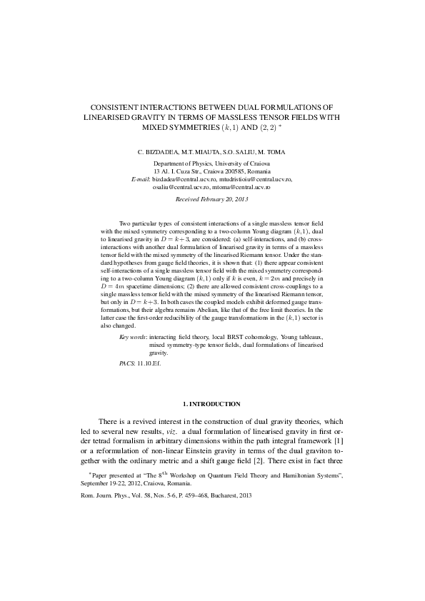 (PDF) Consistent Interactions Involving Dual Formulations of Linearized Gravity in Terms of ...
