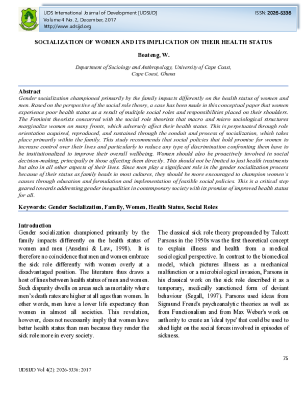(PDF) Socialization of Women and Its Implication on Their Health Status