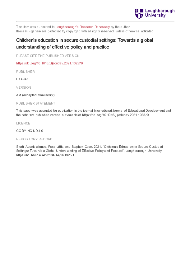 (PDF) Children’s education in secure custodial settings: Towards a ...