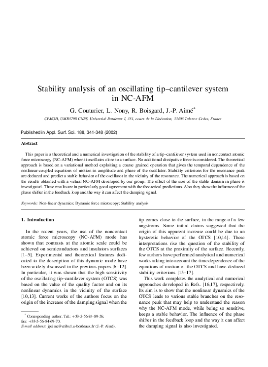 (PDF) Stability analysis of an oscillating tip–cantilever system in NC-AFM