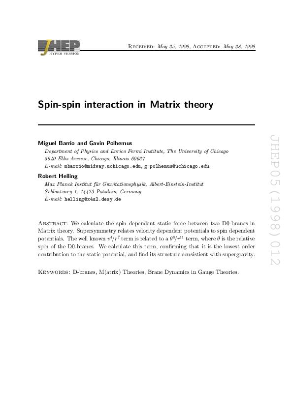 (PDF) Spin-spin interaction in matrix theory