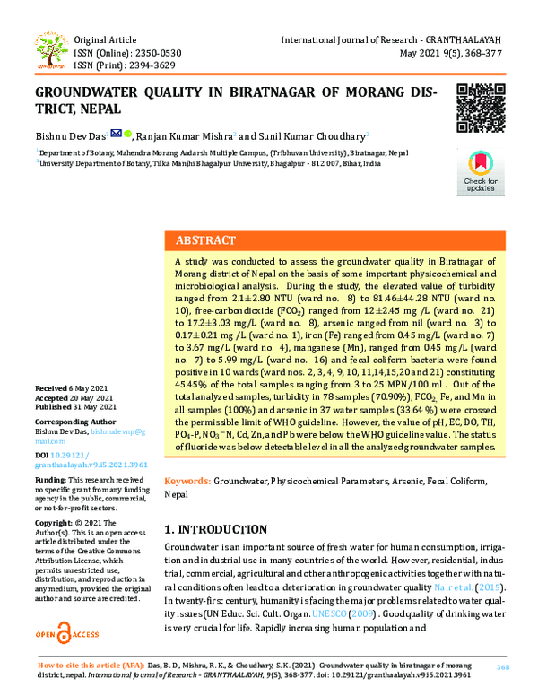 (PDF) Groundwater Quality in Biratnagr of Morang District, Nepal