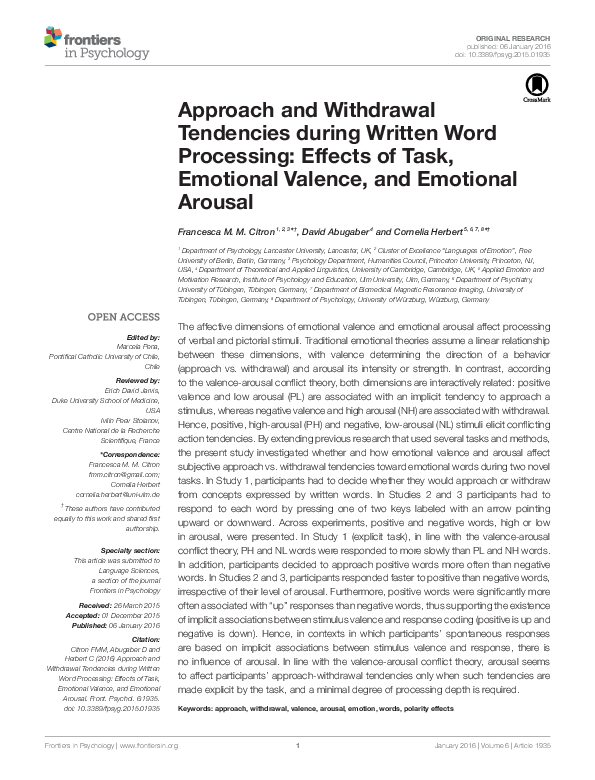 (PDF) Approach and Withdrawal Tendencies during Written Word Processing ...